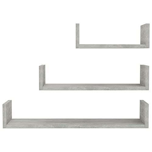 Tidyard 3 Piece Floating Shelves Chipboard Wall Mount Collectables Photo Display Stand Storage Shelf Concrete Gray for Living Room, Bedroom, Home, Office Decor