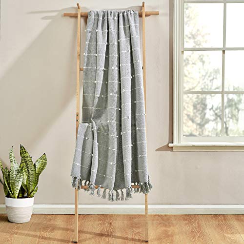 Lush Decor Boho Tufted Cotton Woven Tassel Fringe Throw Blanket, Light Gray