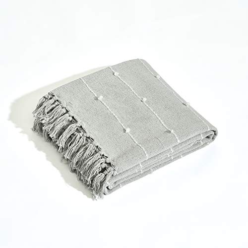 Lush Decor Boho Tufted Cotton Woven Tassel Fringe Throw Blanket, Light Gray