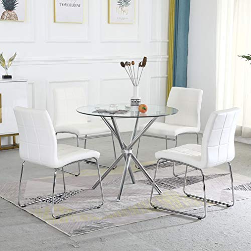 Dining Table Set for 4, Modern Kitchen Table and Chairs Set for Small Space, Round Glass Dining Room Table and Faux Leather Dining Chairs Dining Room Set of 5 Pieces - White