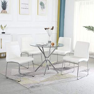 Dining Table Set for 4, Modern Kitchen Table and Chairs Set for Small Space, Round Glass Dining Room Table and Faux Leather Dining Chairs Dining Room Set of 5 Pieces - White