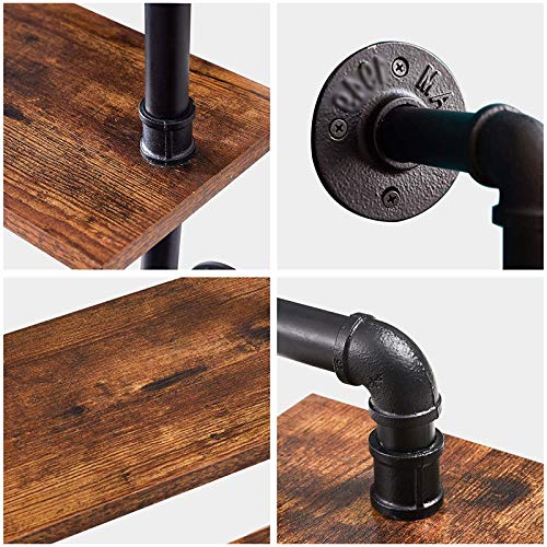 FOTEE Industrial Pipe Shelf Bracket, 2 Tiers Retro Wall Mounted Floating Shelf, Wood Look DIY Storage Shelving Bookshelf, Farmhouse Bathroom Shelving for Room/Kitchen/Office,Black