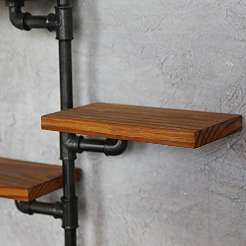 FOTEE Industrial Pipe Shelves with Wood 4-Tiers, Rustic Wall Mount Shelf, Metal Hung Bracket Bookshelf, DIY Storage Shelving Floating Shelves for Room/Kitchen/Office,Black