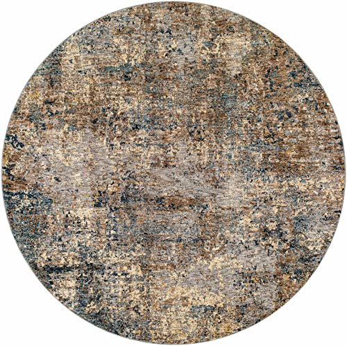 Hauteloom Gorokan Contemporary Abstract Living Room Bedroom Dining Room Area Rug - Modern Distressed Bohemian Carpet - Brown, Cream, Beige, Brown, Gray - 7'10" Round