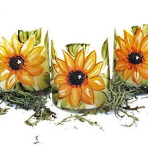 Decorative Small 1 1/2 Inch Off White Plastic Battery Operated Flameless Flickering Flame Votive Candles Set of Three with Hand Painted Sunflowers Boho Decor Goddess Arts Collection