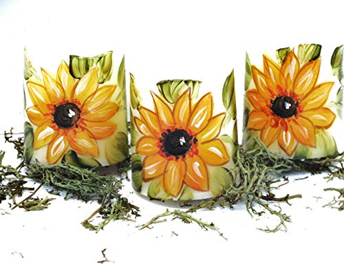 Decorative Small 1 1/2 Inch Off White Plastic Battery Operated Flameless Flickering Flame Votive Candles Set of Three with Hand Painted Sunflowers Boho Decor Goddess Arts Collection