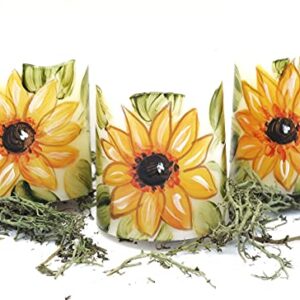 Decorative Small 1 1/2 Inch Off White Plastic Battery Operated Flameless Flickering Flame Votive Candles Set of Three with Hand Painted Sunflowers Boho Decor Goddess Arts Collection