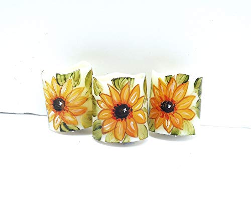 Decorative Small 1 1/2 Inch Off White Plastic Battery Operated Flameless Flickering Flame Votive Candles Set of Three with Hand Painted Sunflowers Boho Decor Goddess Arts Collection