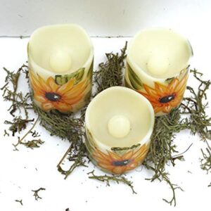 Decorative Small 1 1/2 Inch Off White Plastic Battery Operated Flameless Flickering Flame Votive Candles Set of Three with Hand Painted Sunflowers Boho Decor Goddess Arts Collection