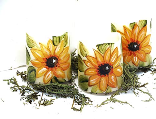 Decorative Small 1 1/2 Inch Off White Plastic Battery Operated Flameless Flickering Flame Votive Candles Set of Three with Hand Painted Sunflowers Boho Decor Goddess Arts Collection