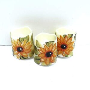 Decorative Small 1 1/2 Inch Off White Plastic Battery Operated Flameless Flickering Flame Votive Candles Set of Three with Hand Painted Sunflowers Boho Decor Goddess Arts Collection