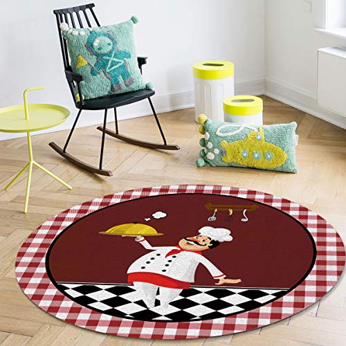 Singingin Round Area Rugs for Kids Room Kitchen Chef Gourmet Knife Fork Check Throw Rug Non-Slip Soft Floor Carpet Mat for Nursery, Living Room, Bedroom, Modern Home Decor 3 Feet Diameter