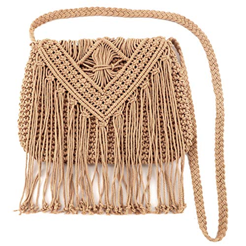 DIGOGO Womens Cotton Crochet Fringe Crossbody Shoulder Bag Bohemian Summer Beach Purse Handwoven Straw Bag