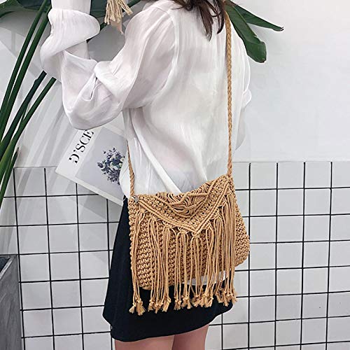 DIGOGO Womens Cotton Crochet Fringe Crossbody Shoulder Bag Bohemian Summer Beach Purse Handwoven Straw Bag