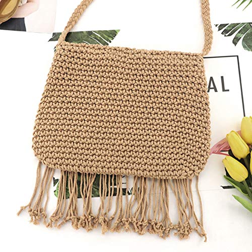 DIGOGO Womens Cotton Crochet Fringe Crossbody Shoulder Bag Bohemian Summer Beach Purse Handwoven Straw Bag