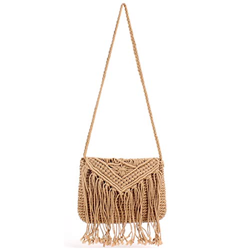 DIGOGO Womens Cotton Crochet Fringe Crossbody Shoulder Bag Bohemian Summer Beach Purse Handwoven Straw Bag