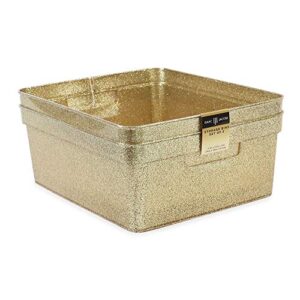 isaac jacobs medium glitter storage bin (14” x 11.5” x 5.5”) set w/cut-out handles, plastic organizer, multi-functional, home storage solution, kids playroom, bedroom, closet (2, gold)