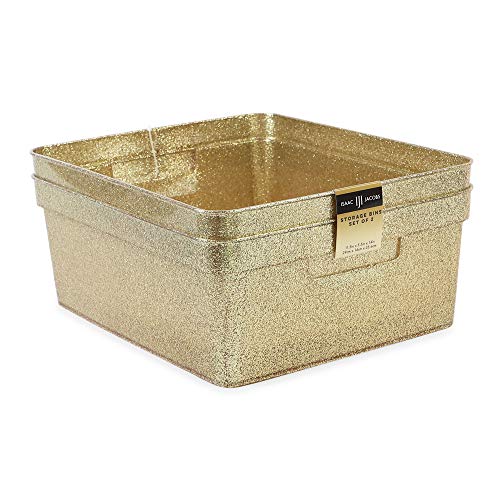 Isaac Jacobs Medium Glitter Storage Bin (14” x 11.5” x 5.5”) Set w/Cut-Out Handles, Plastic Organizer, Multi-Functional, Home Storage Solution, Kids Playroom, Bedroom, Closet (2, Gold)