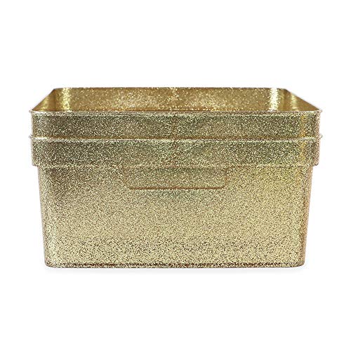 Isaac Jacobs Medium Glitter Storage Bin (14” x 11.5” x 5.5”) Set w/Cut-Out Handles, Plastic Organizer, Multi-Functional, Home Storage Solution, Kids Playroom, Bedroom, Closet (2, Gold)