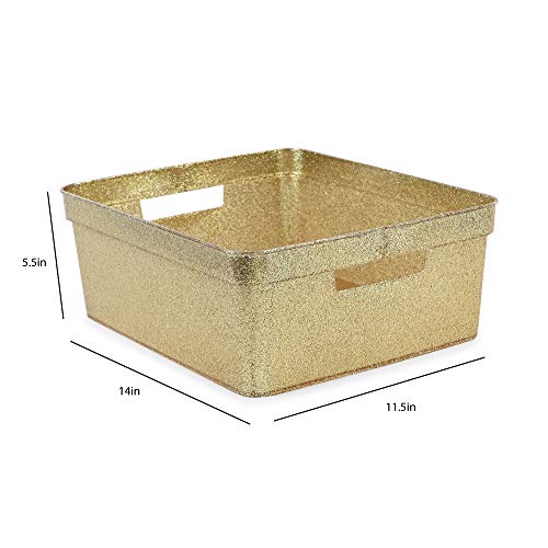 Isaac Jacobs Medium Glitter Storage Bin (14” x 11.5” x 5.5”) Set w/Cut-Out Handles, Plastic Organizer, Multi-Functional, Home Storage Solution, Kids Playroom, Bedroom, Closet (2, Gold)