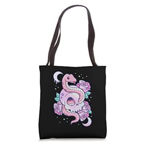 kawaii pastel goth cute creepy skull serpent snake roses tote bag