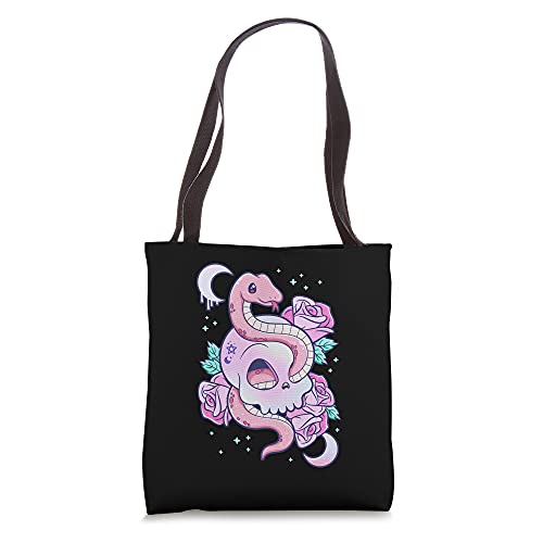 Kawaii Pastel Goth Cute Creepy Skull Serpent Snake Roses Tote Bag