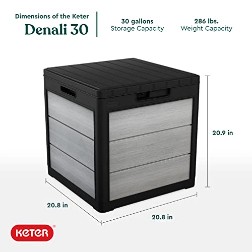 Keter Denali 30 Gallon Resin Deck Box for Patio Furniture, Pool Accessories, and Storage for Outdoor Toys, Grey/Black