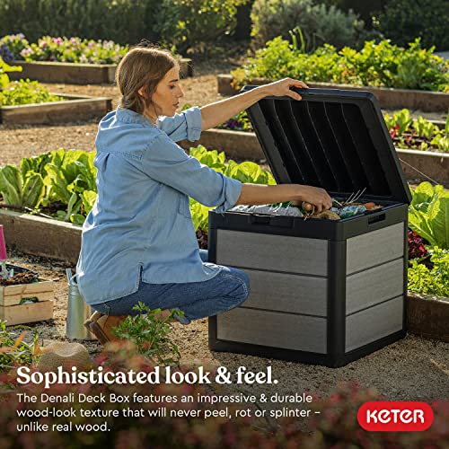 Keter Denali 30 Gallon Resin Deck Box for Patio Furniture, Pool Accessories, and Storage for Outdoor Toys, Grey/Black