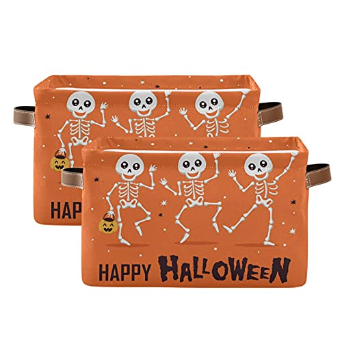 xigua Funny Halloween Skeleton Foldable Storage Basket for Shelves, Collapsible Waterproof Sturdy Fabric Storage Bin with Handles, Canvas Storage Cube for Organizing Shelf Nursery Home Closet 2PCS