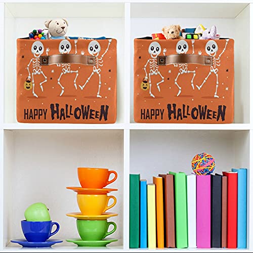 xigua Funny Halloween Skeleton Foldable Storage Basket for Shelves, Collapsible Waterproof Sturdy Fabric Storage Bin with Handles, Canvas Storage Cube for Organizing Shelf Nursery Home Closet 2PCS