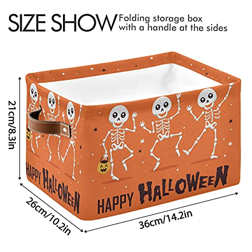 xigua Funny Halloween Skeleton Foldable Storage Basket for Shelves, Collapsible Waterproof Sturdy Fabric Storage Bin with Handles, Canvas Storage Cube for Organizing Shelf Nursery Home Closet 2PCS