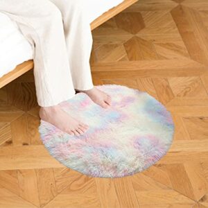 Ultra Soft Bedroom Rug, Round Fluffy Rainbow Area Rugs, Cute Circle Carpet Plush Rug for Bedroom Living Room Home Decor, Thick Shag Carpet 2 Feet for Girls (Rainbow)