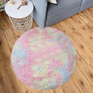 Ultra Soft Bedroom Rug, Round Fluffy Rainbow Area Rugs, Cute Circle Carpet Plush Rug for Bedroom Living Room Home Decor, Thick Shag Carpet 2 Feet for Girls (Rainbow)