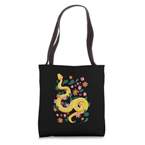 snake and flowers reptile flower floral tote bag