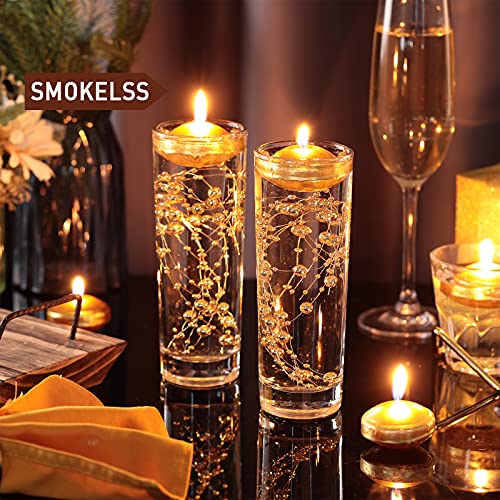 Artificial Pearl String,6 Unscented Floating Candles for Centerpiece,33 Feet Faux Pearl Filler Vase Filling for Wedding Dinning Table Holiday Party Pool Christmas Decor, Gold