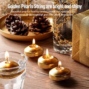 Artificial Pearl String,6 Unscented Floating Candles for Centerpiece,33 Feet Faux Pearl Filler Vase Filling for Wedding Dinning Table Holiday Party Pool Christmas Decor, Gold