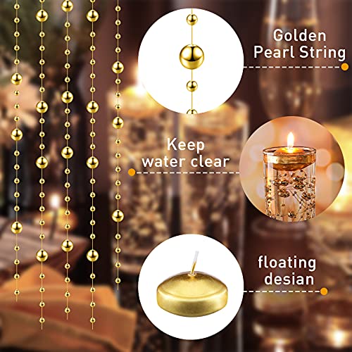 Artificial Pearl String,6 Unscented Floating Candles for Centerpiece,33 Feet Faux Pearl Filler Vase Filling for Wedding Dinning Table Holiday Party Pool Christmas Decor, Gold