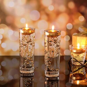 Artificial Pearl String,6 Unscented Floating Candles for Centerpiece,33 Feet Faux Pearl Filler Vase Filling for Wedding Dinning Table Holiday Party Pool Christmas Decor, Gold