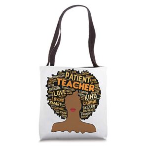 african american teacher words in afro tote bag