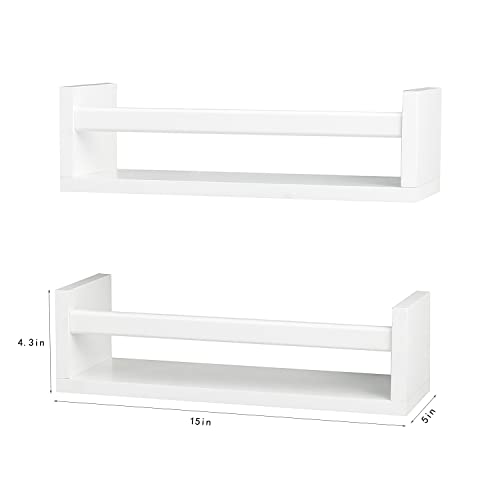 AHDECOR Nursery Room Bookshelf Wall Mount White Floating Shelves, Display Wall Shelf for Kids Room, Kitchen Spice Rack, Bathroom Decor, Book Shelves Organizer or Baby Nursery, Set of 2, 15 inch