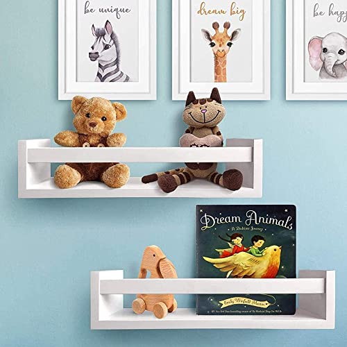 AHDECOR Nursery Room Bookshelf Wall Mount White Floating Shelves, Display Wall Shelf for Kids Room, Kitchen Spice Rack, Bathroom Decor, Book Shelves Organizer or Baby Nursery, Set of 2, 15 inch