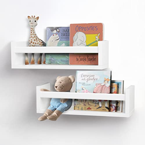 AHDECOR Nursery Room Bookshelf Wall Mount White Floating Shelves, Display Wall Shelf for Kids Room, Kitchen Spice Rack, Bathroom Decor, Book Shelves Organizer or Baby Nursery, Set of 2, 15 inch