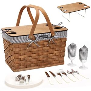 picnic basket set for 2, handmade woodchip basket with wine table & 2 wooden handles, cutlery service kit, best gift for couple, valentine’s day,christmas, birthday, wedding, outdoor, camping. 2p-grey