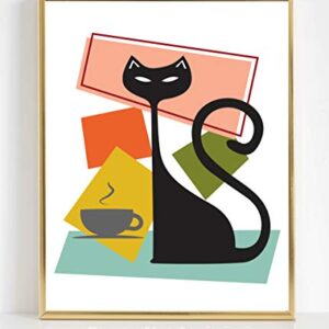 Mid Century Modern Atomic Cat & Coffee Cup Wall Art Print - 11x14 Unframed Abstract Decor. Shades of Mustard Yellow, Black, Moss Green, Pink, Orange & Aqua on White. Print No.16