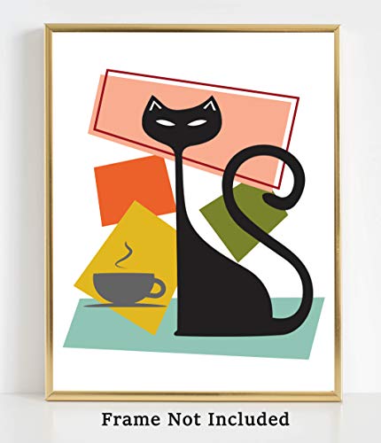 Mid Century Modern Atomic Cat & Coffee Cup Wall Art Print - 11x14 Unframed Abstract Decor. Shades of Mustard Yellow, Black, Moss Green, Pink, Orange & Aqua on White. Print No.16