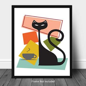 Mid Century Modern Atomic Cat & Coffee Cup Wall Art Print - 11x14 Unframed Abstract Decor. Shades of Mustard Yellow, Black, Moss Green, Pink, Orange & Aqua on White. Print No.16