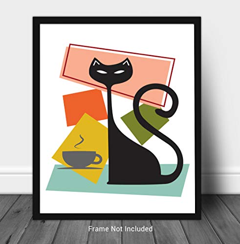 Mid Century Modern Atomic Cat & Coffee Cup Wall Art Print - 11x14 Unframed Abstract Decor. Shades of Mustard Yellow, Black, Moss Green, Pink, Orange & Aqua on White. Print No.16