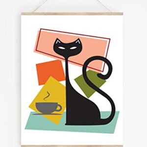 Mid Century Modern Atomic Cat & Coffee Cup Wall Art Print - 11x14 Unframed Abstract Decor. Shades of Mustard Yellow, Black, Moss Green, Pink, Orange & Aqua on White. Print No.16