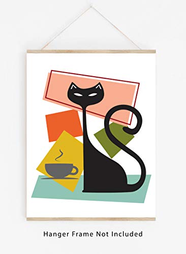 Mid Century Modern Atomic Cat & Coffee Cup Wall Art Print - 11x14 Unframed Abstract Decor. Shades of Mustard Yellow, Black, Moss Green, Pink, Orange & Aqua on White. Print No.16