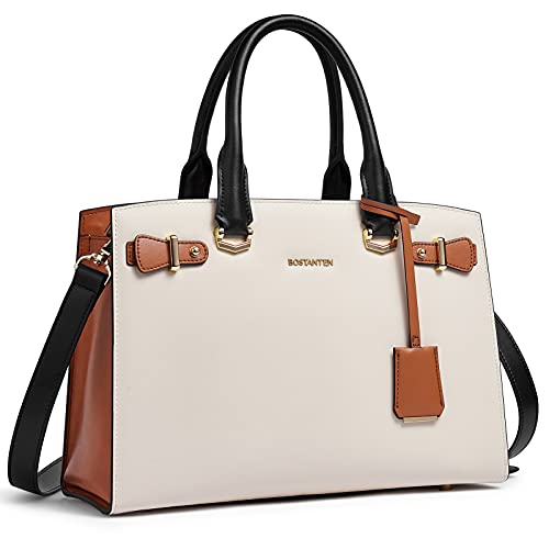 BOSTANTEN Women Leather Handbag Designer Satchel Purses Top Handle Shoulder Totes Crossbody Bag Beige with Brown